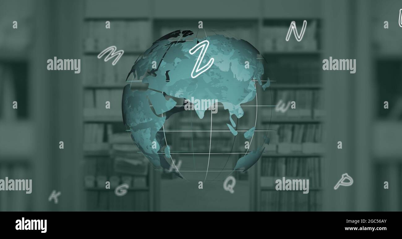 Digital composition of alphabets floating over spinning globe against ...
