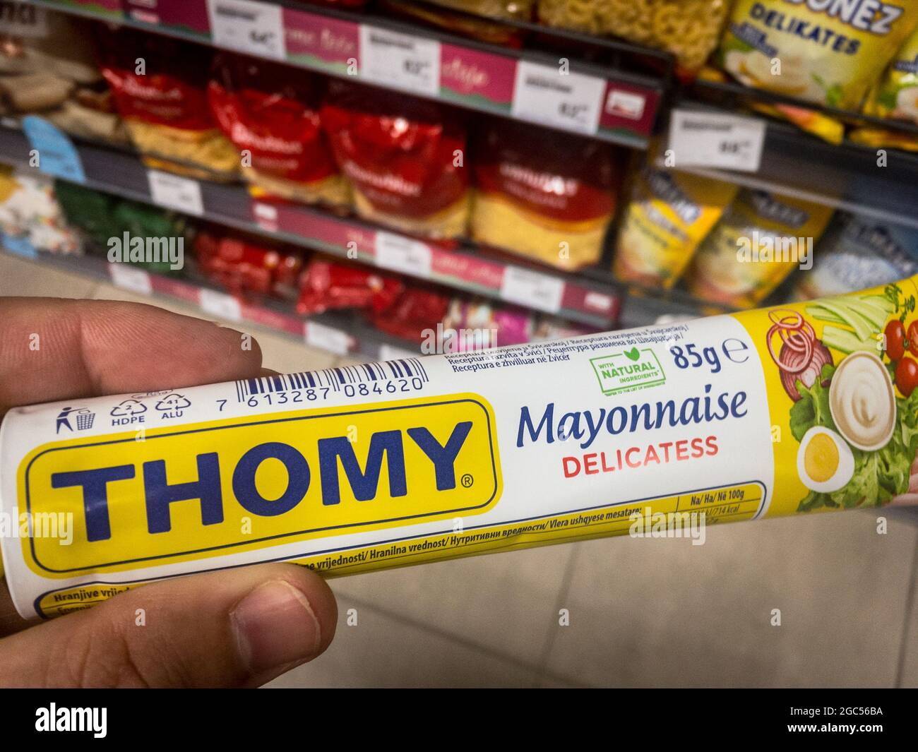 Picture of a tube of mayonnaise with the logo of Thomy. Thomy is a ...