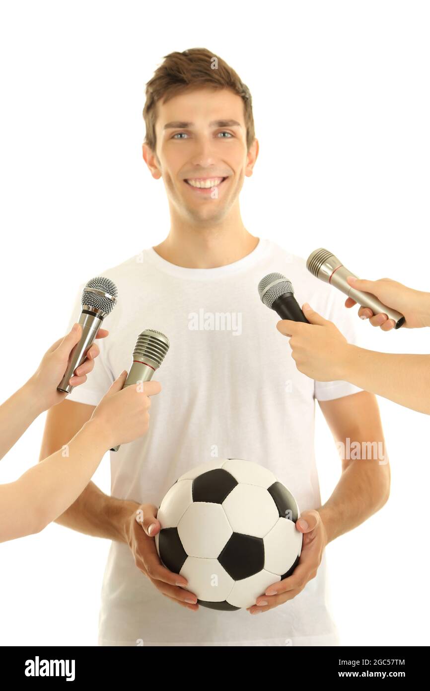 Interview with a young soccer player, isolated on white Stock Photo - Alamy