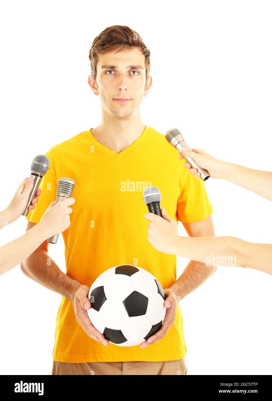 Interview with a young soccer player, isolated on white Stock Photo - Alamy