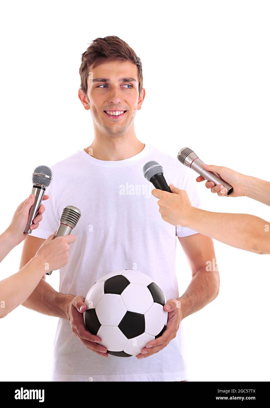 Interview with a young soccer player, isolated on white Stock Photo - Alamy
