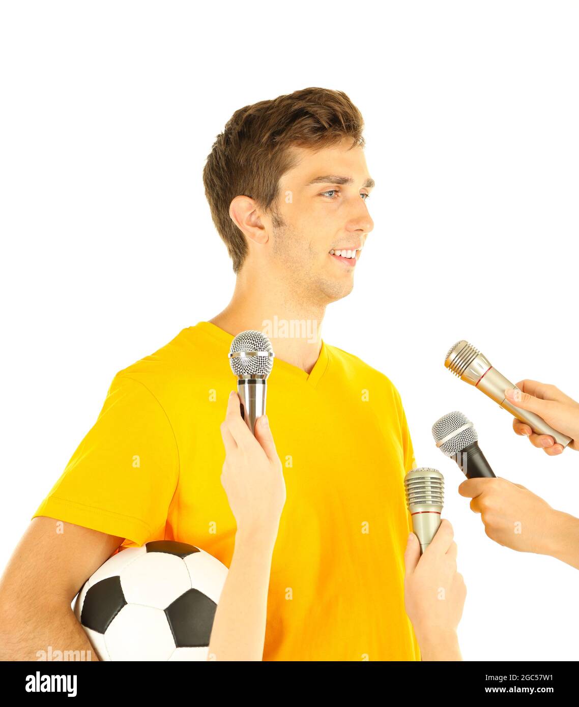 Interview with a young soccer player, isolated on white Stock Photo - Alamy