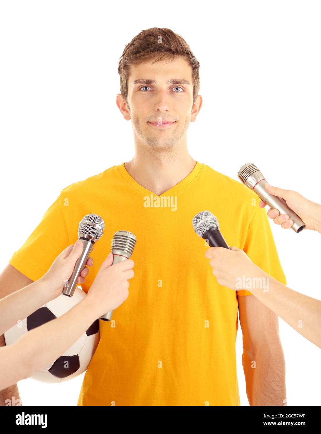 Interview with a young soccer player, isolated on white Stock Photo - Alamy