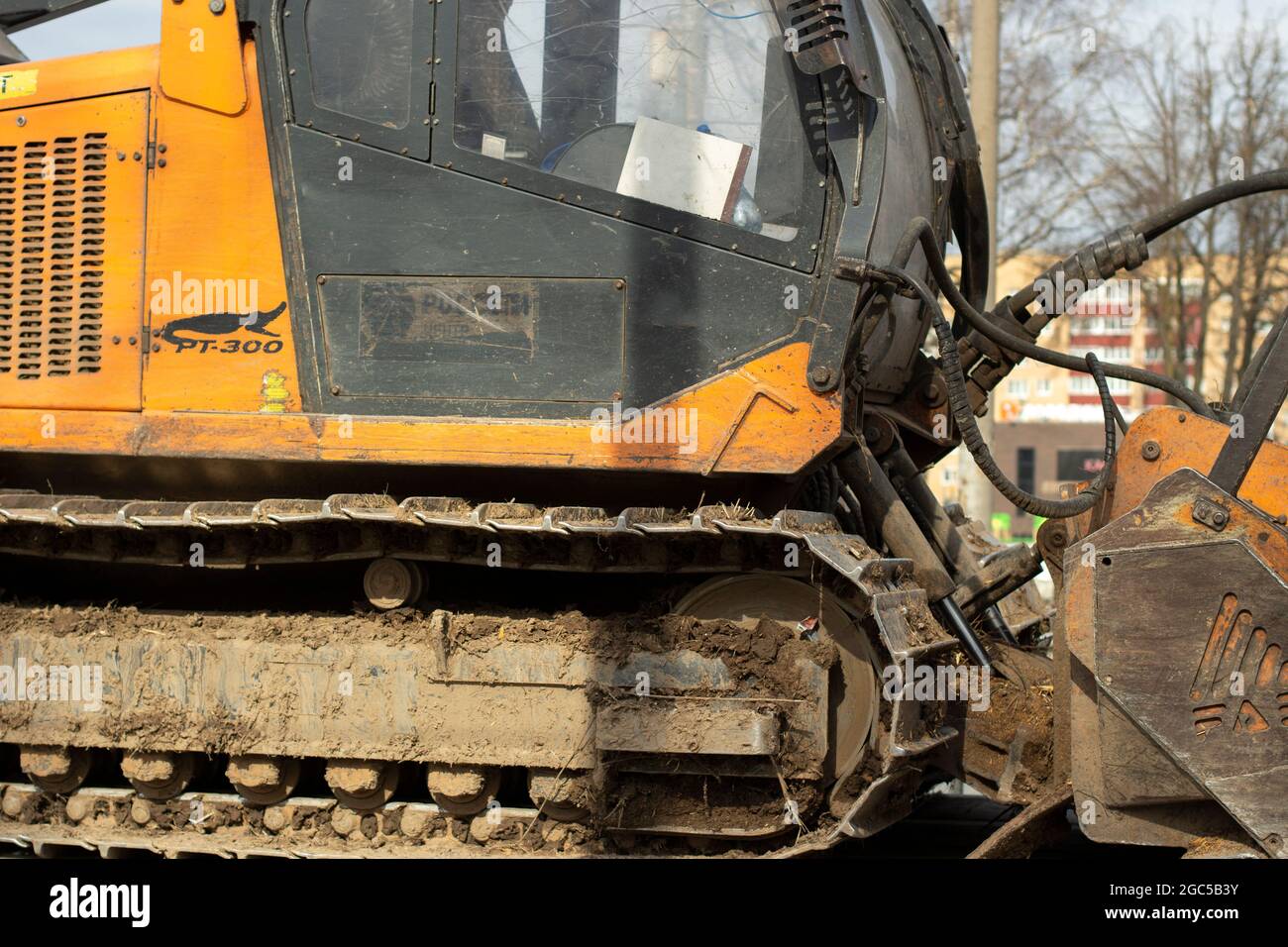 Truck on the track. Details of a large car. Work car on the highway ...