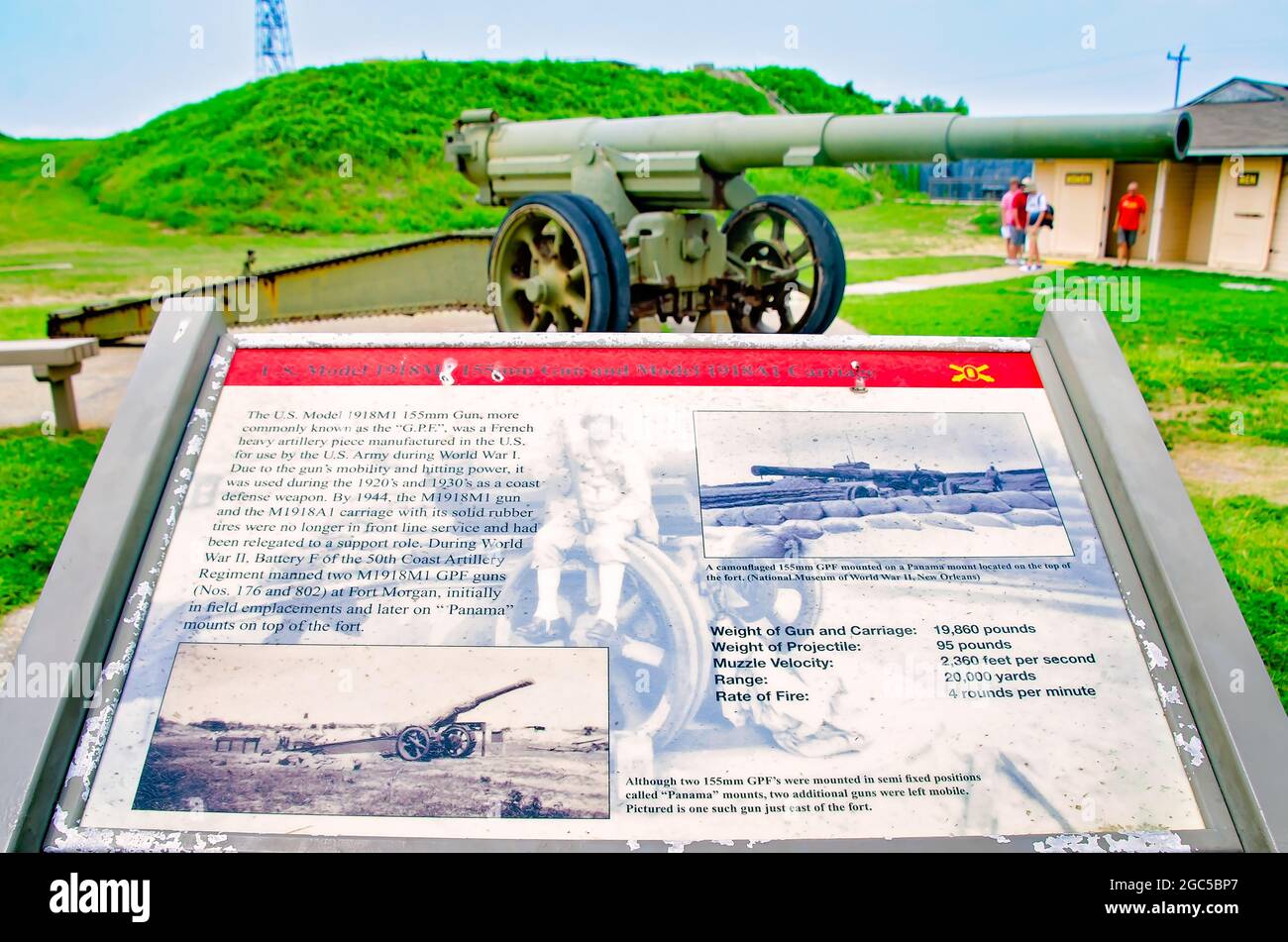 An M1918M1 cannon with a Panama mount is displayed at Fort Morgan, July ...