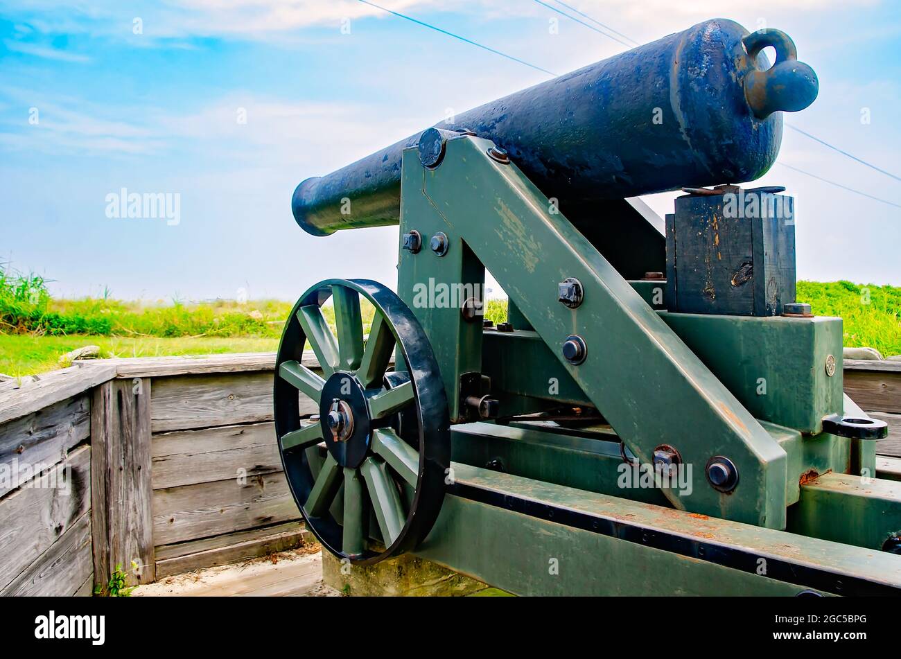 A 32-pounder cannon is mounted on a Barbette carriage at Fort Morgan ...