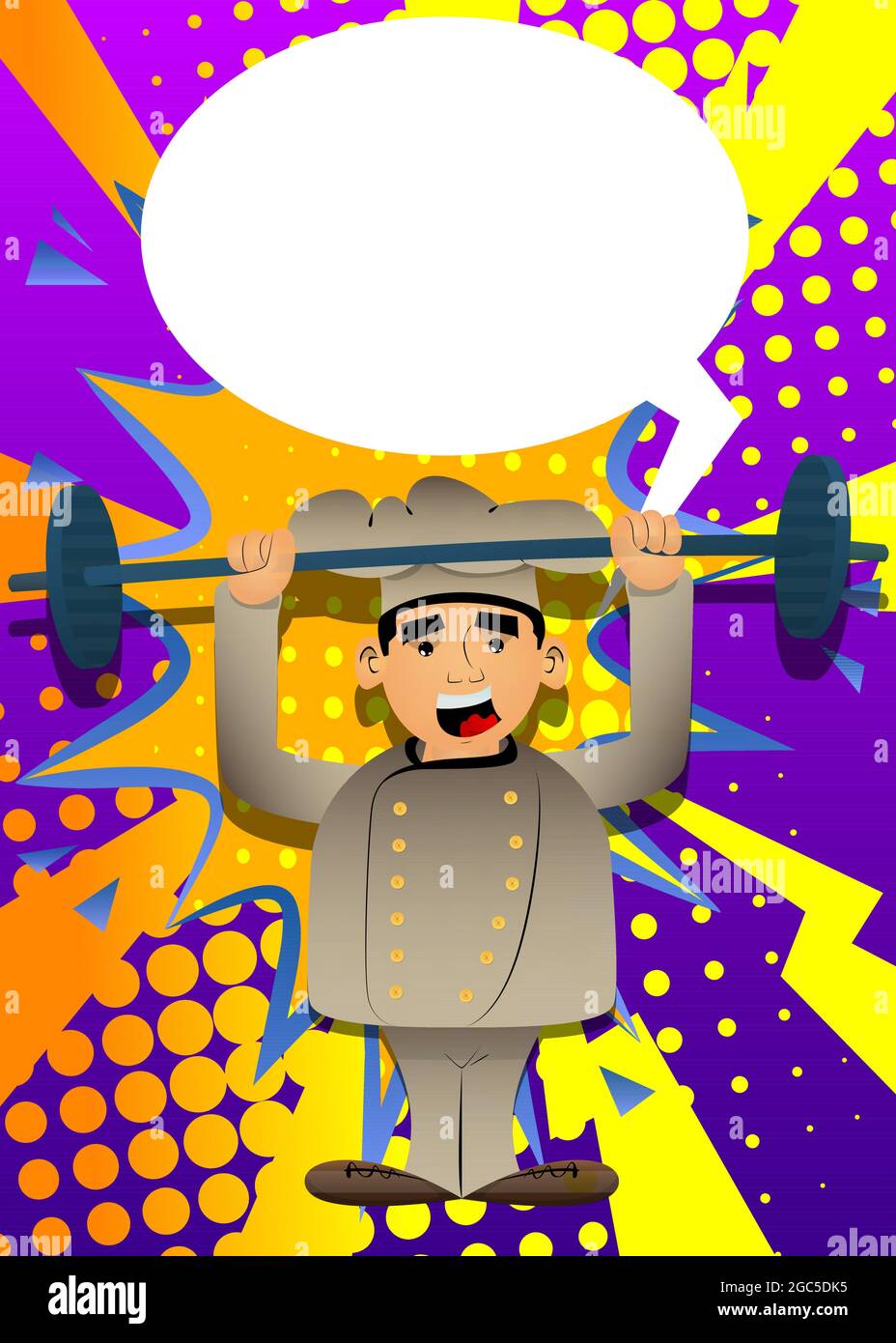 Fat male cartoon chef in uniform as a weightlifter lifting barbell ...