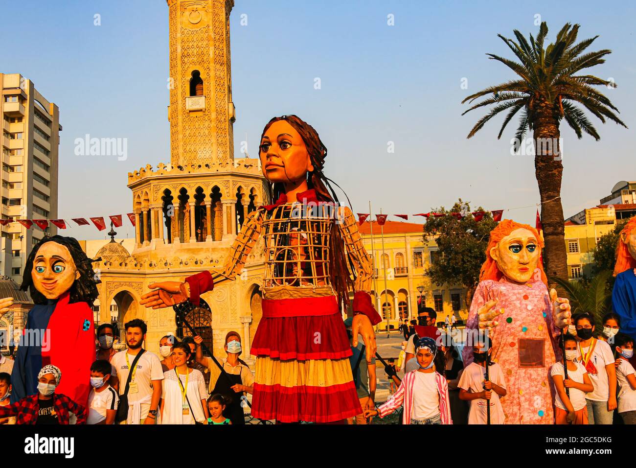 Izmir, Turkey. 06th Aug, 2021. A giant puppet "Amal" is seen during the ...