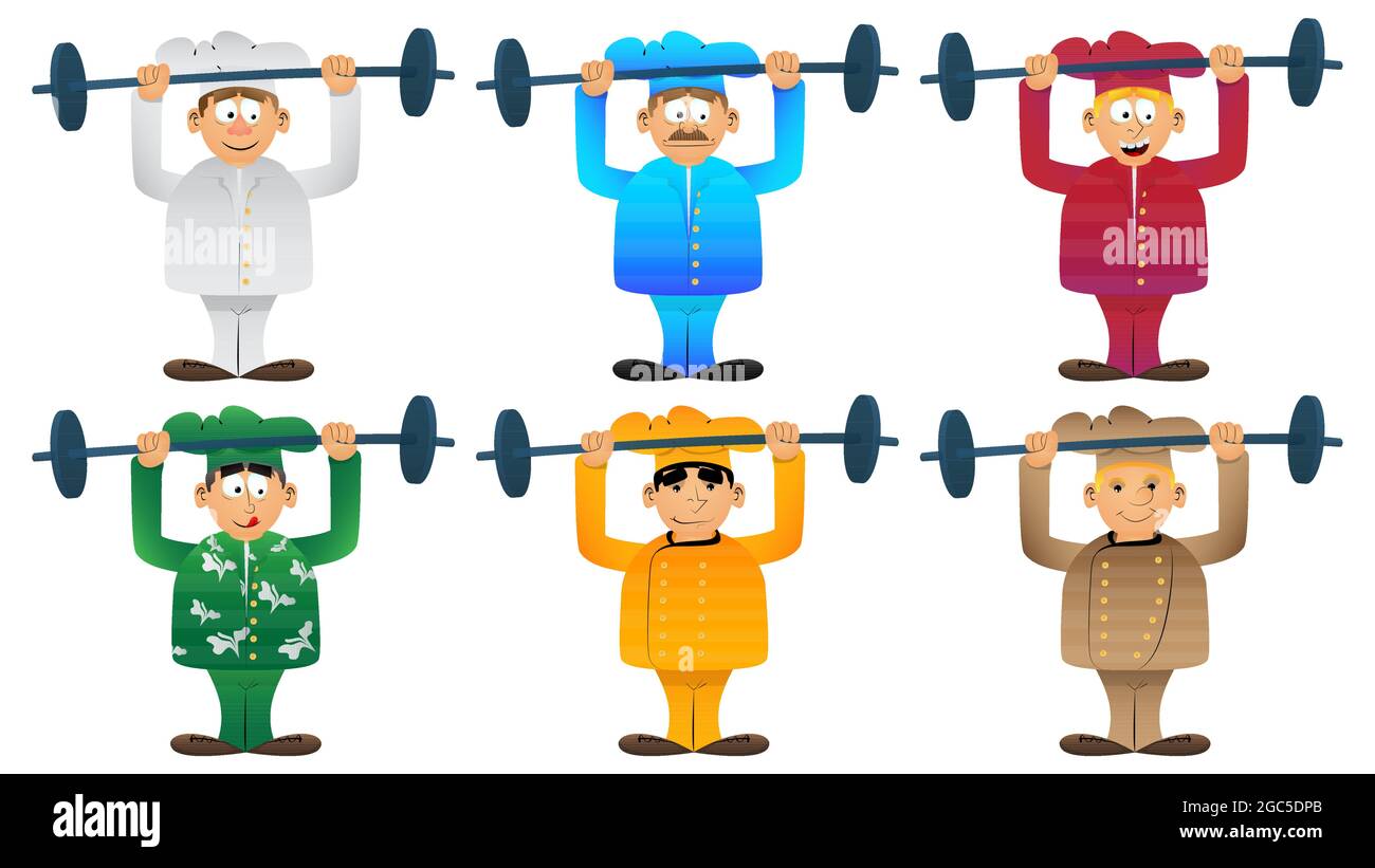 Fat male cartoon chef in uniform as a weightlifter lifting barbell ...