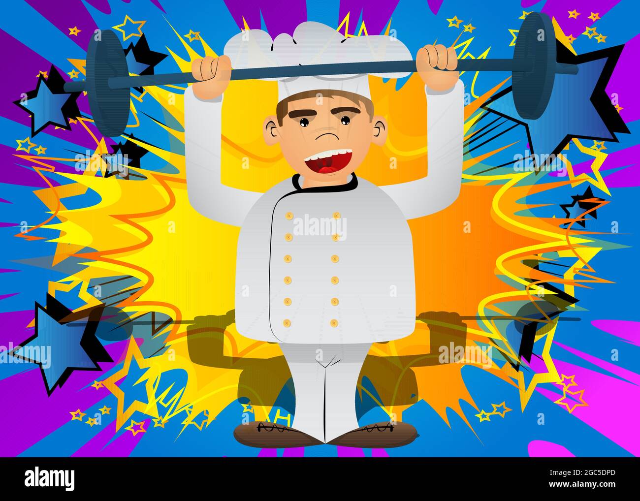 Fat male cartoon chef in uniform as a weightlifter lifting barbell ...