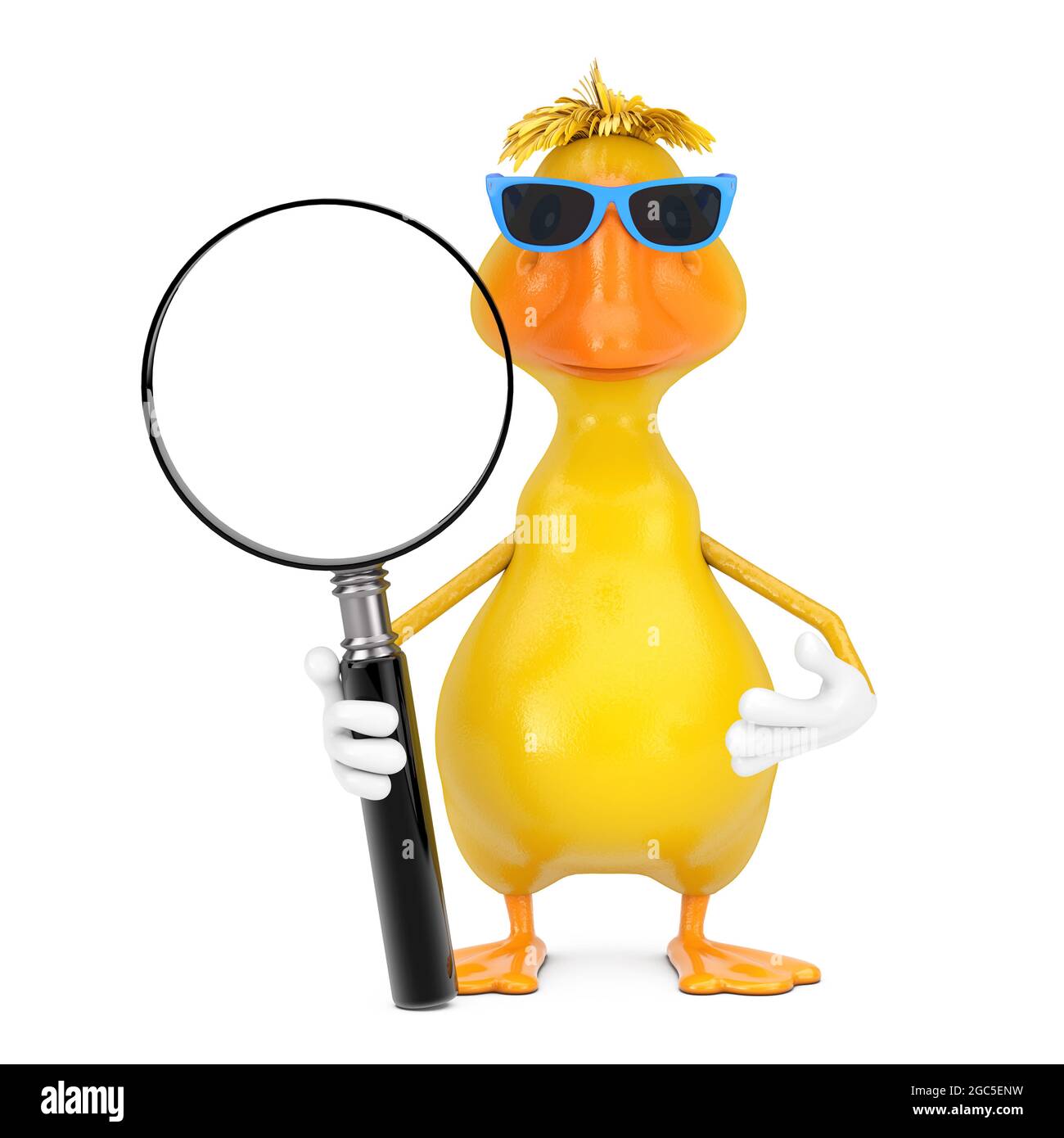 Cute Yellow Cartoon Duck Person Character Mascot with Magnifying Glass ...