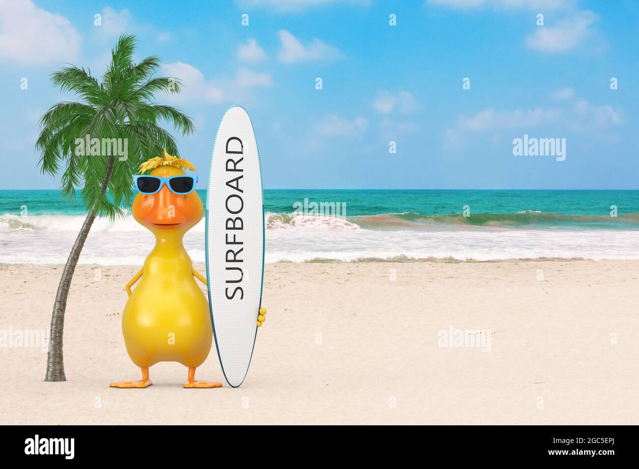 Cute Yellow Cartoon Duck Person Character Mascot with Surfboard near ...