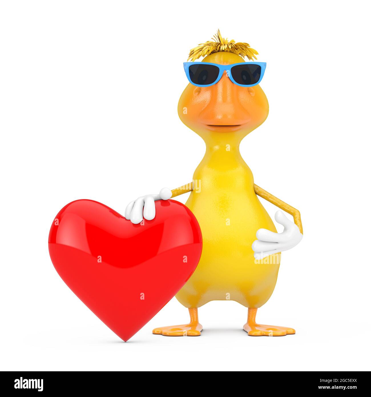 Cute Yellow Cartoon Duck Person Character Mascot with Red Heart on a ...