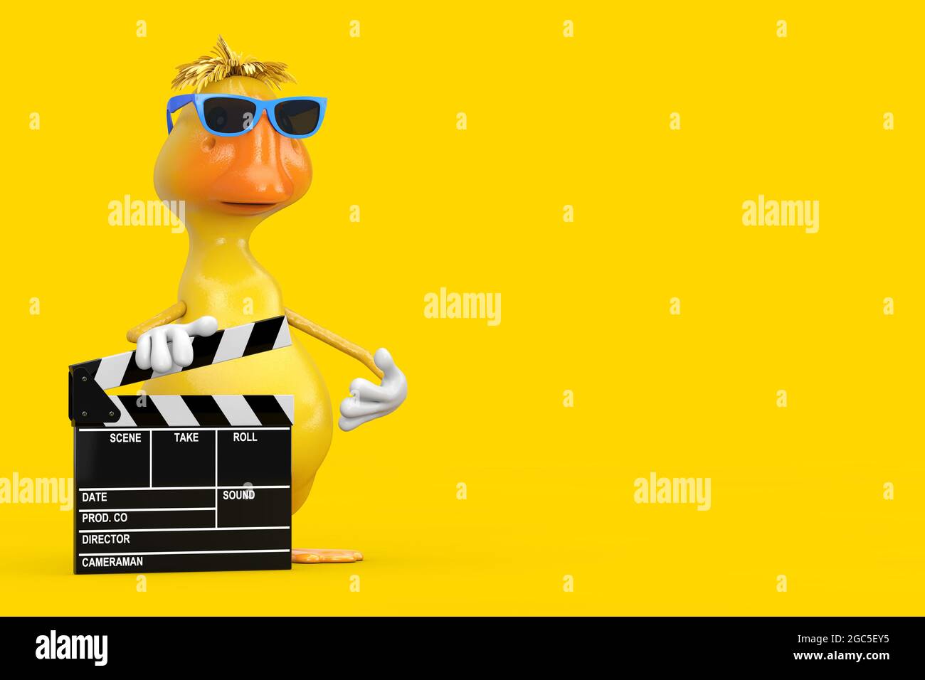 Cute Yellow Cartoon Duck Person Character Mascot with Movie Clapper ...
