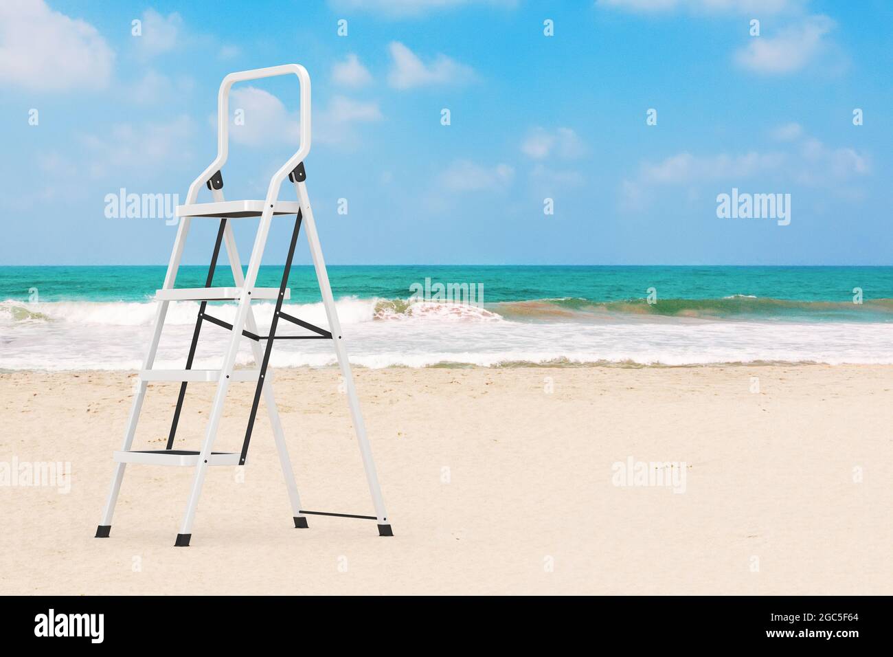 Industrial Metal Ladder Extreme Closeup on an Ocean Sand Beach ...
