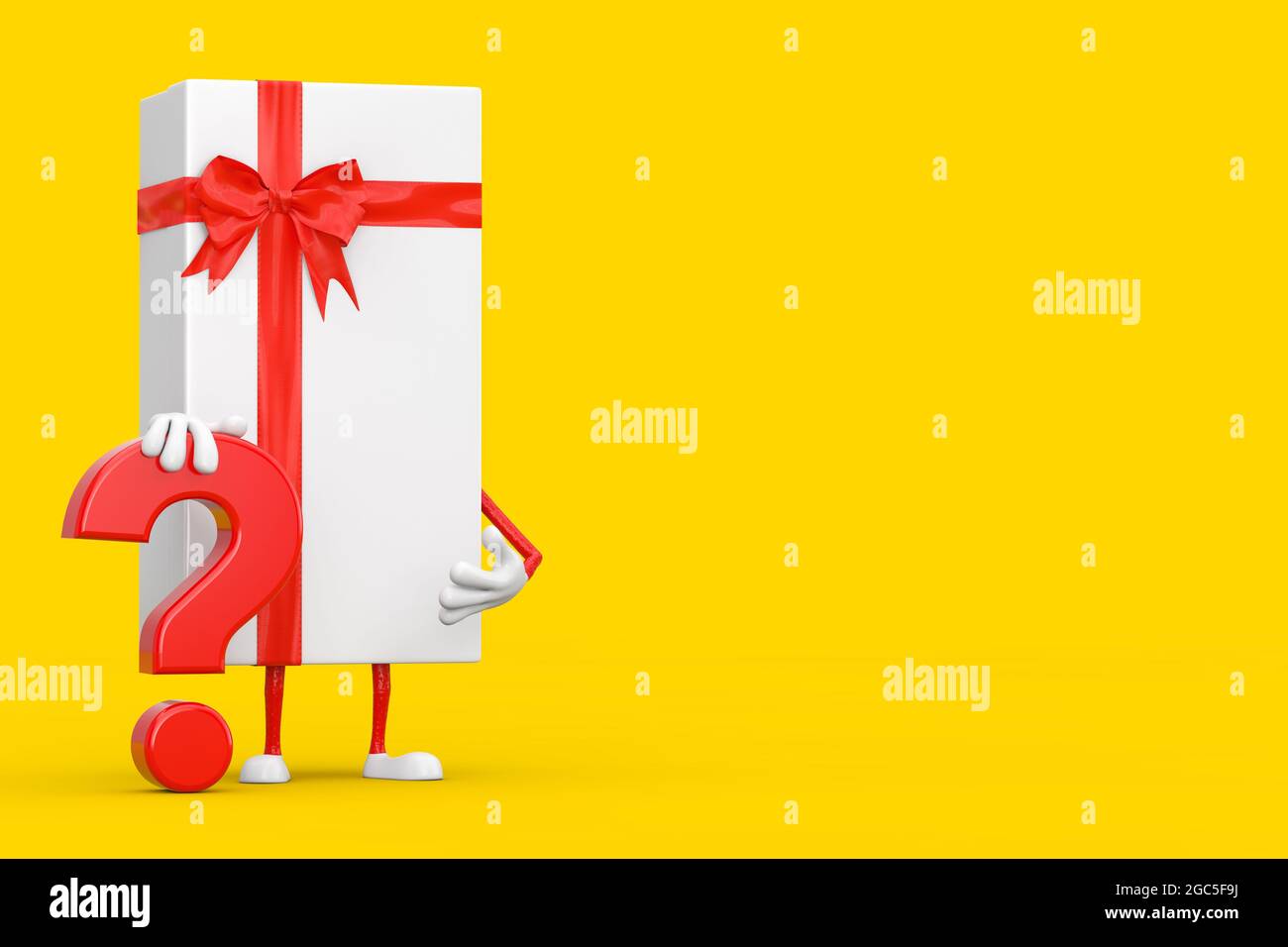 White Gift Box and Red Ribbon Person Character Mascot with Red Question ...