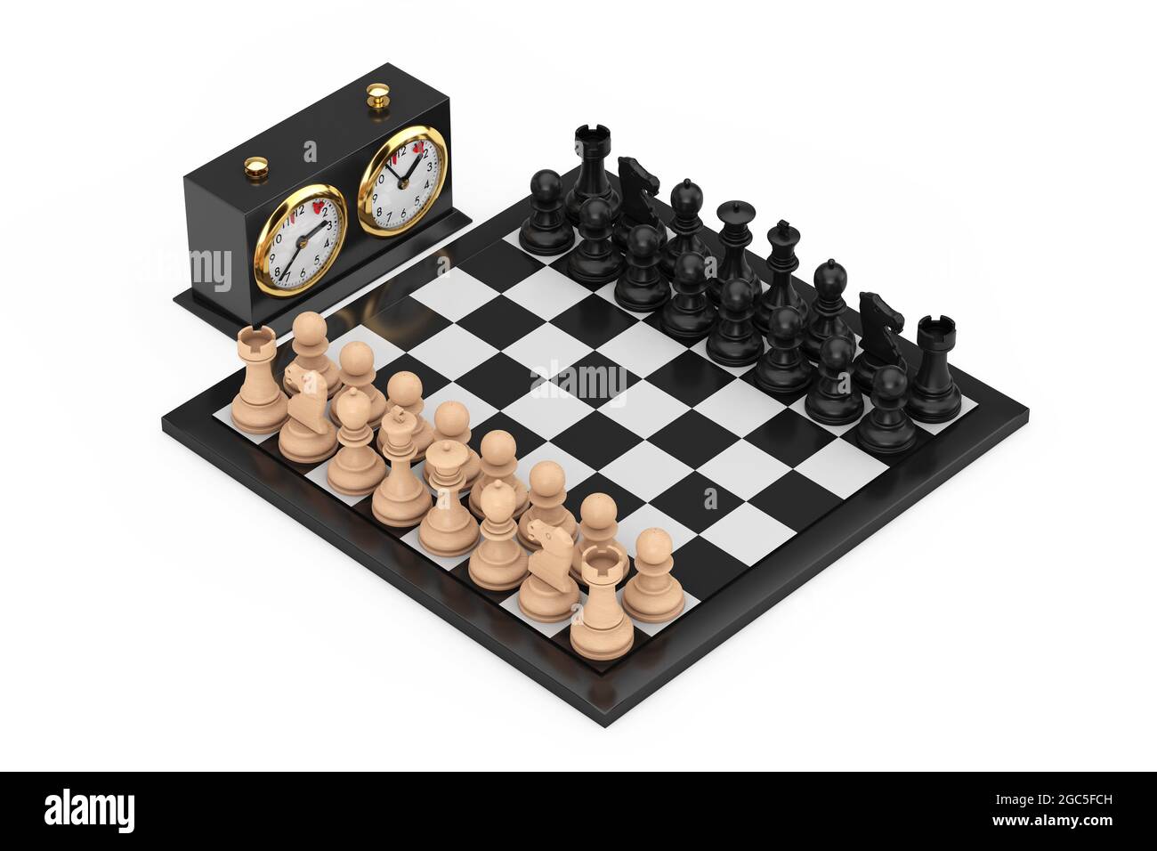 Chess with Chess board and Chess Clock on a white background. 3d ...