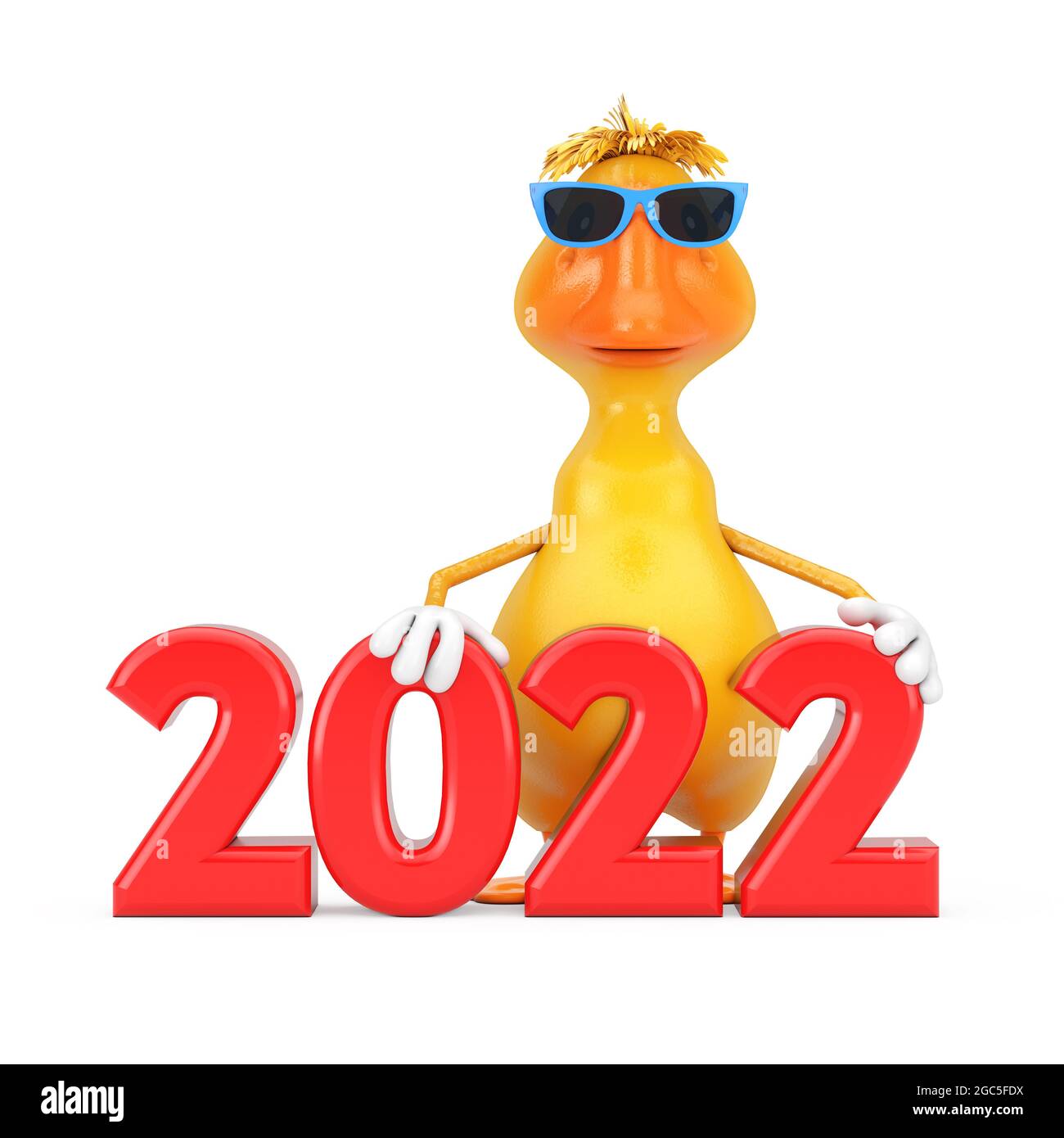 Cute Yellow Cartoon Duck Person Character Mascot with Red 2022 New Year ...