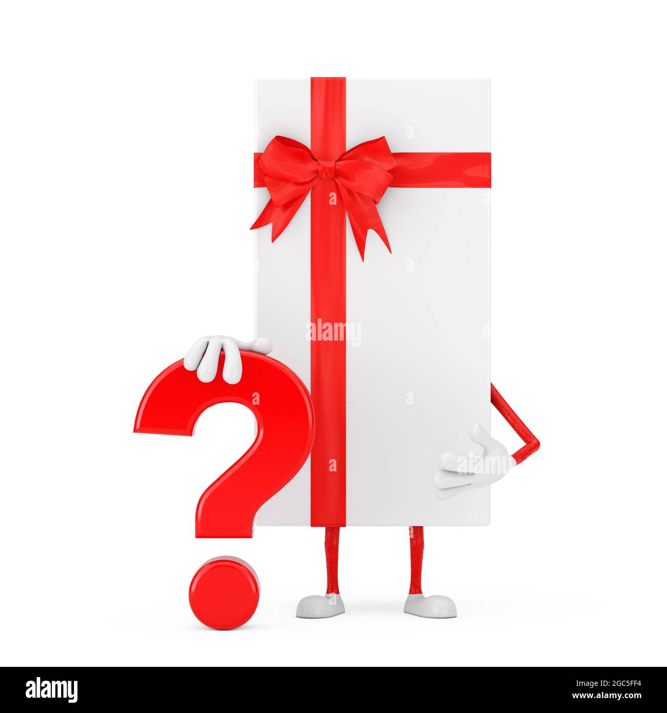 White Gift Box and Red Ribbon Person Character Mascot with Red Question ...