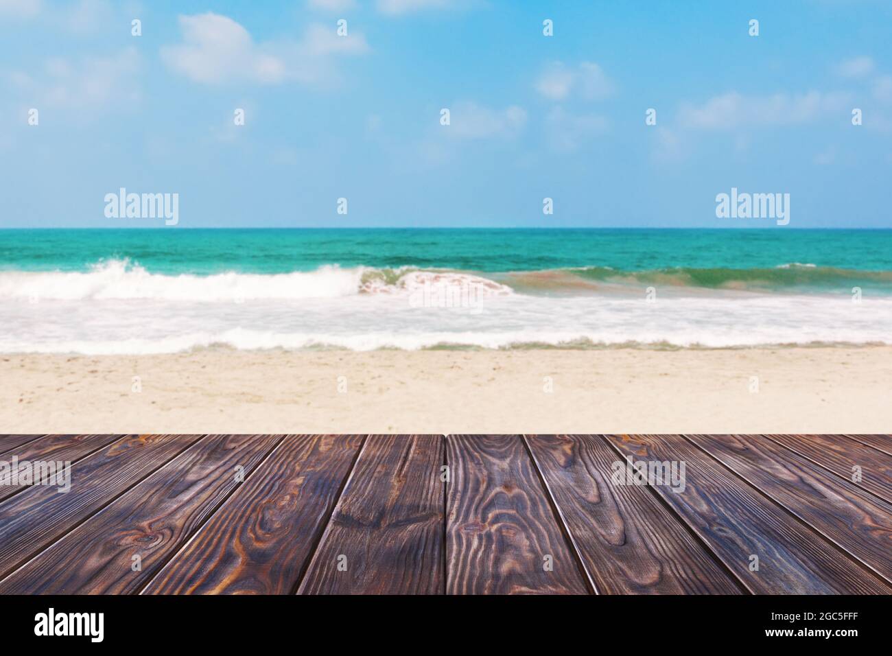 Plank Wooden Table in front of Sea or Ocean Sand Beach Background ...