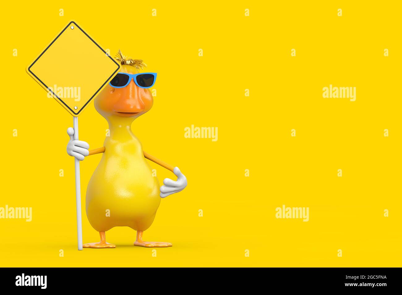 Cute Yellow Cartoon Duck Person Character Mascot and Yellow Road Sign ...