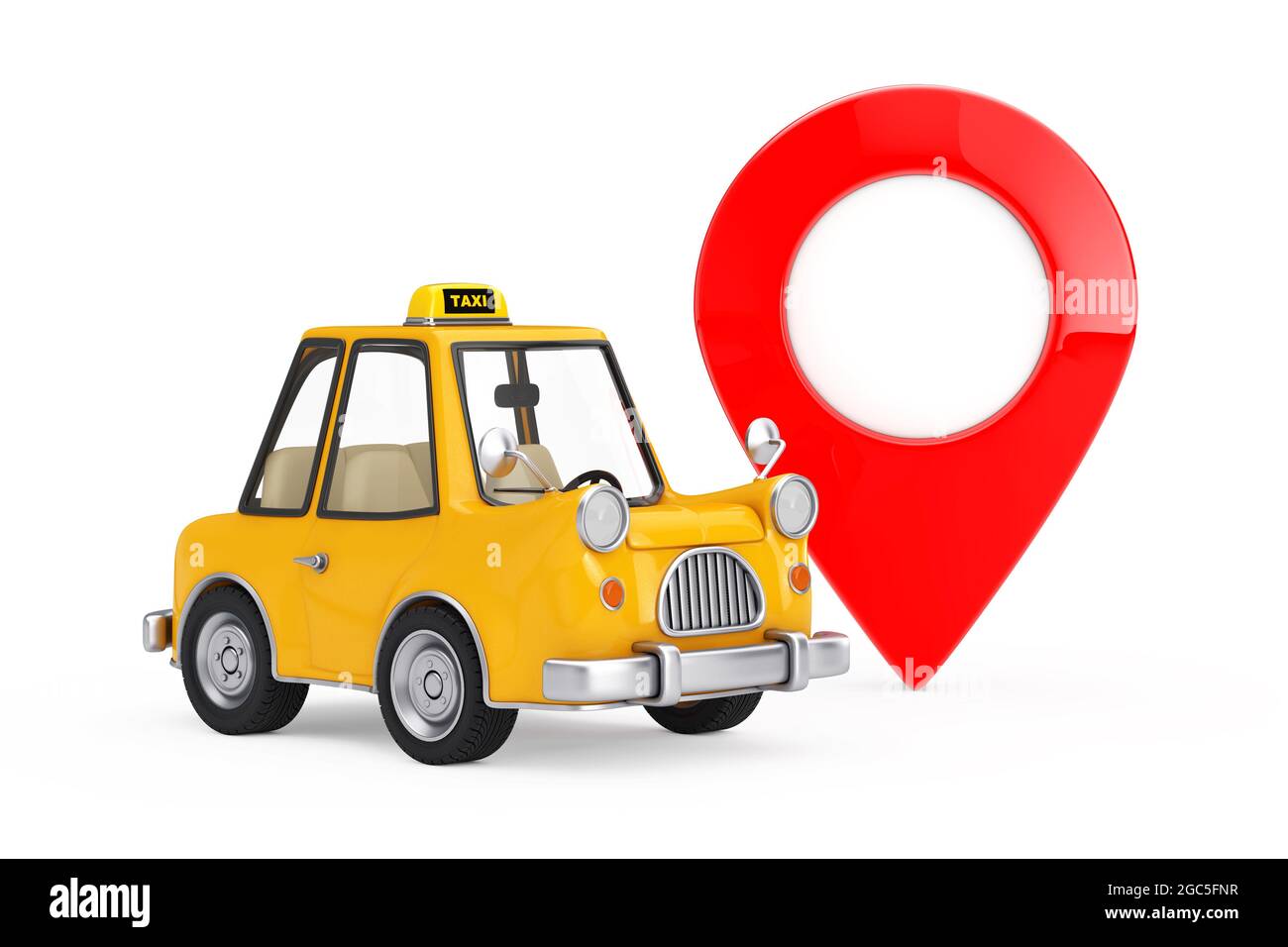 Yellow Cartoon Taxi Car with Red Map Pointer Target Pin on a white ...