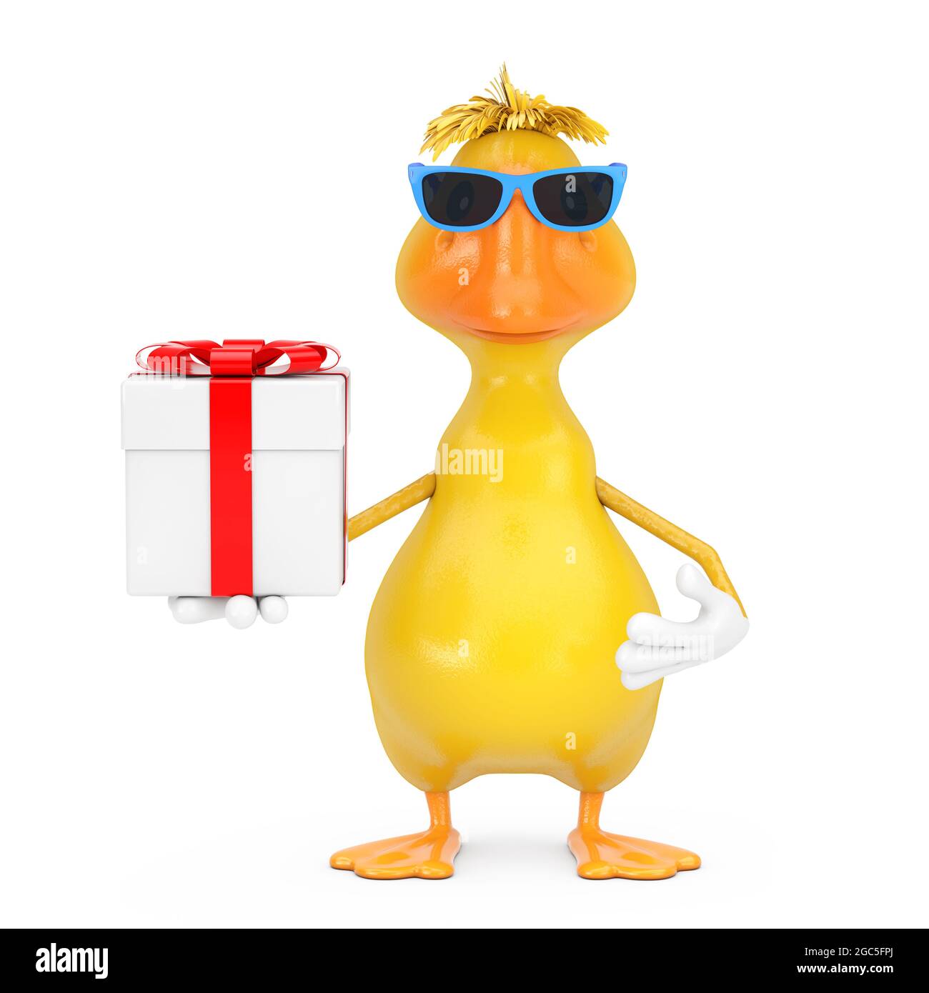 Cute Yellow Cartoon Duck Person Character Mascot with Gift Box and Red ...
