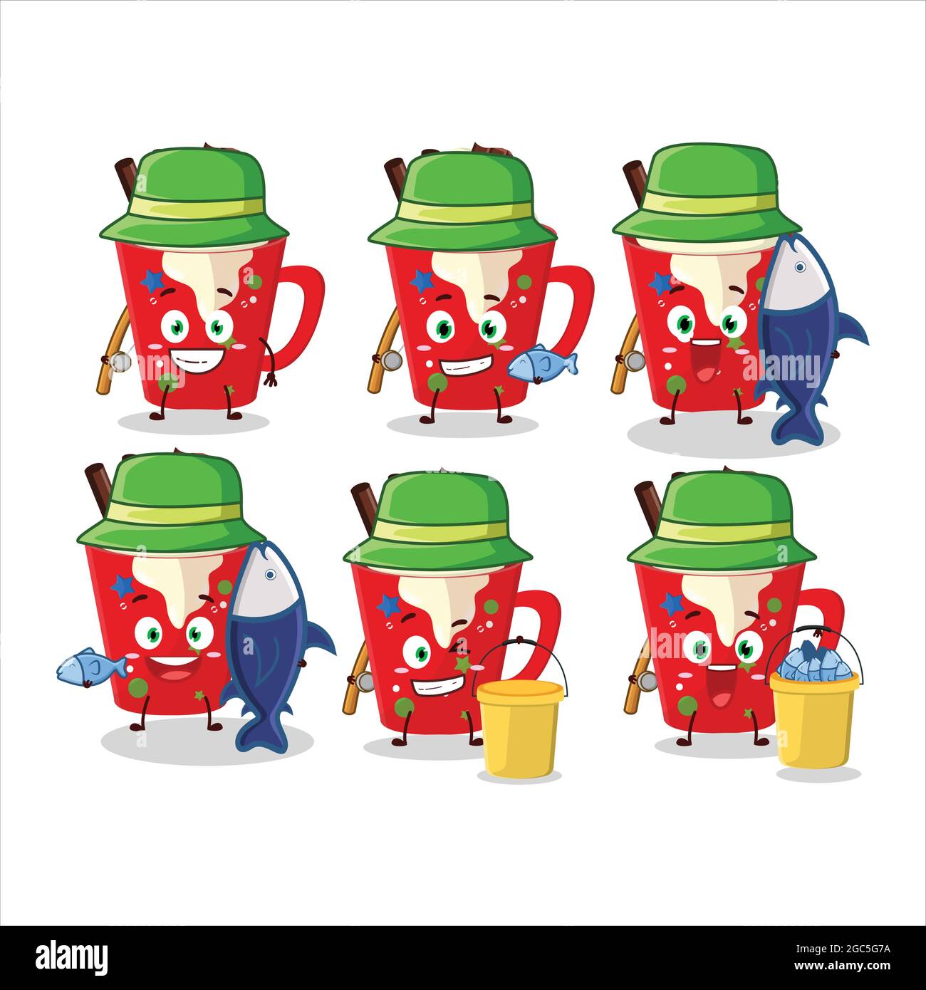 A fisherman frappe coffee cartoon picture catch a big fish. Vector ...