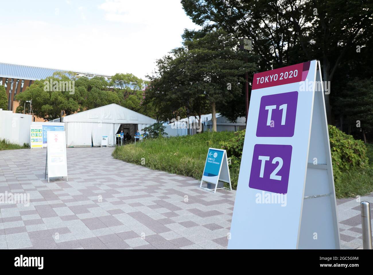 General view, AUGUST 6, 2021 : A sign onTransport parking area during ...