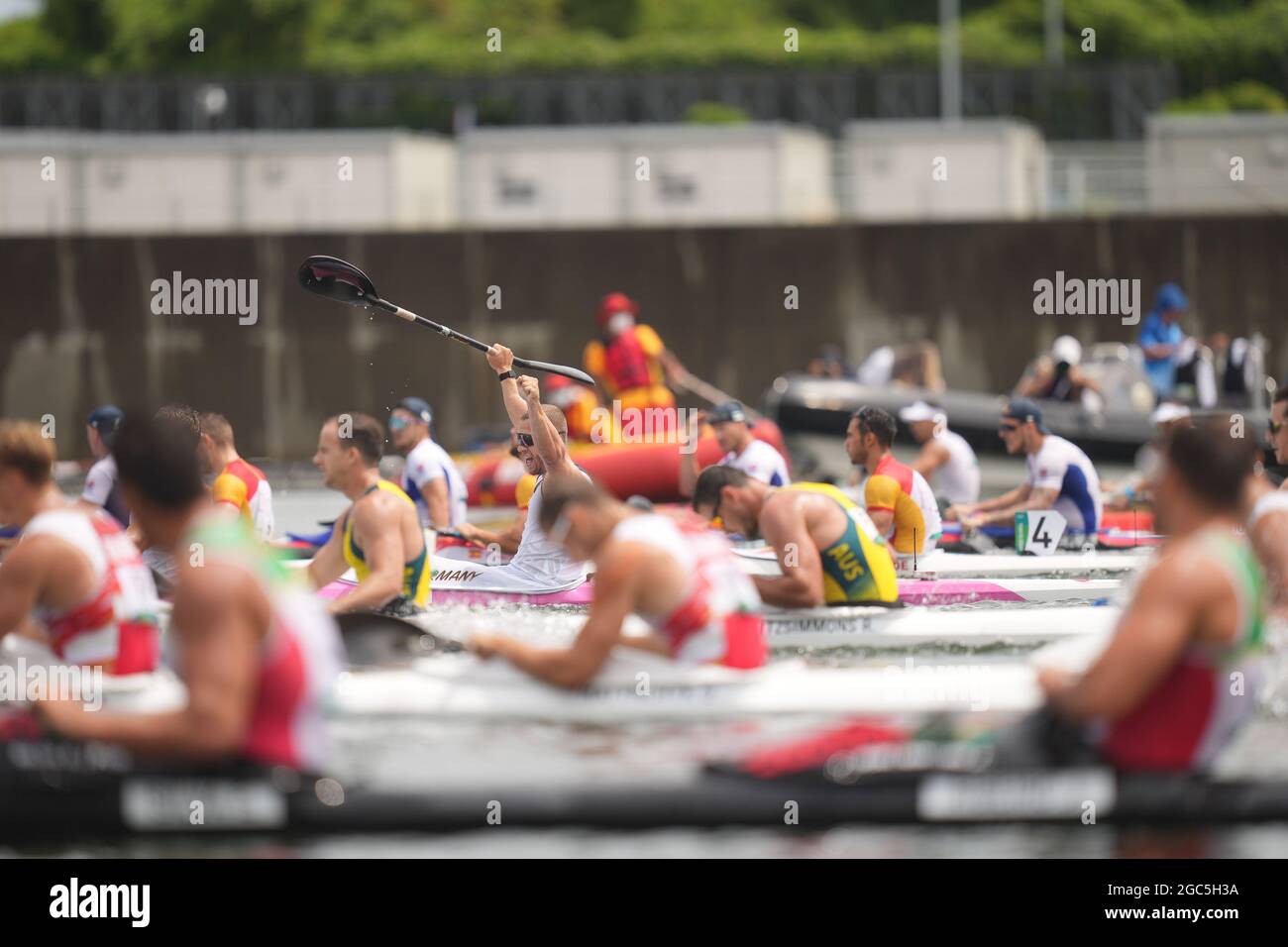 Tokyo, Japan. 7th Aug, 2021. Paddlers react after the men's kayak four ...