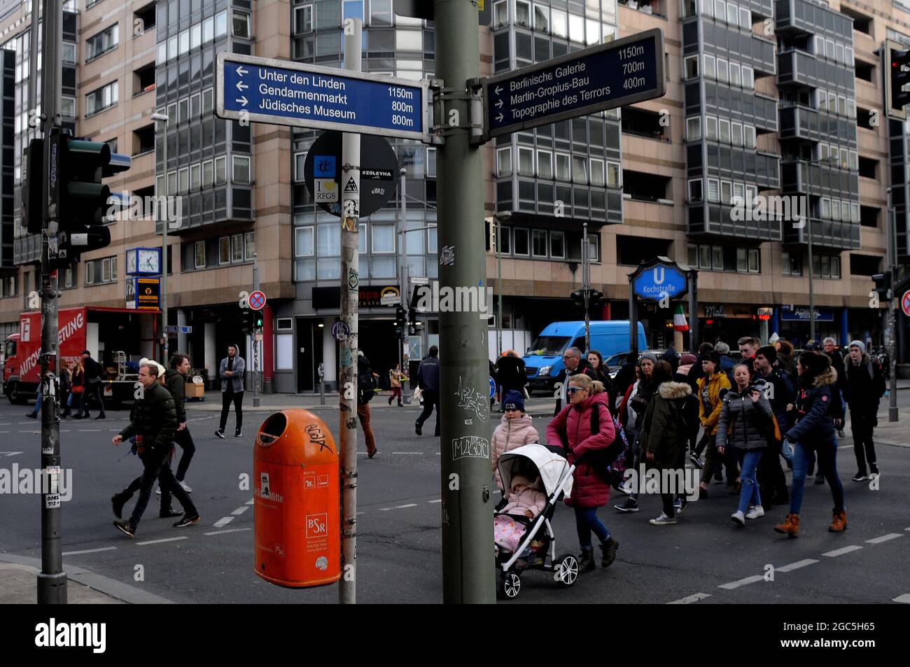 Berlin / Germany / 05 March 2019/Travellers and shoppers on Kochstrasse ...