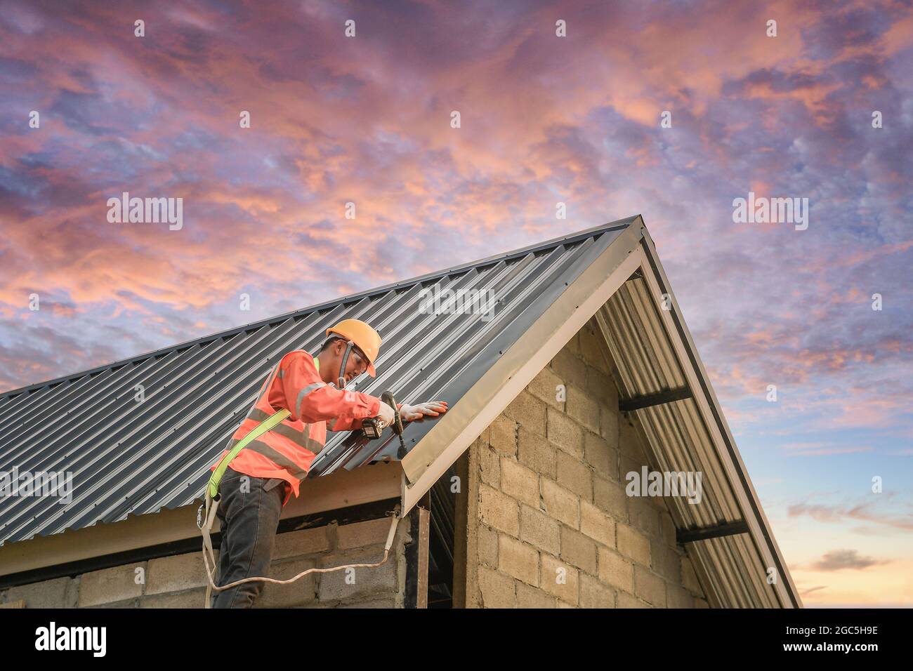 Roofer Construction worker install new roof,Roofing tools,Electric ...