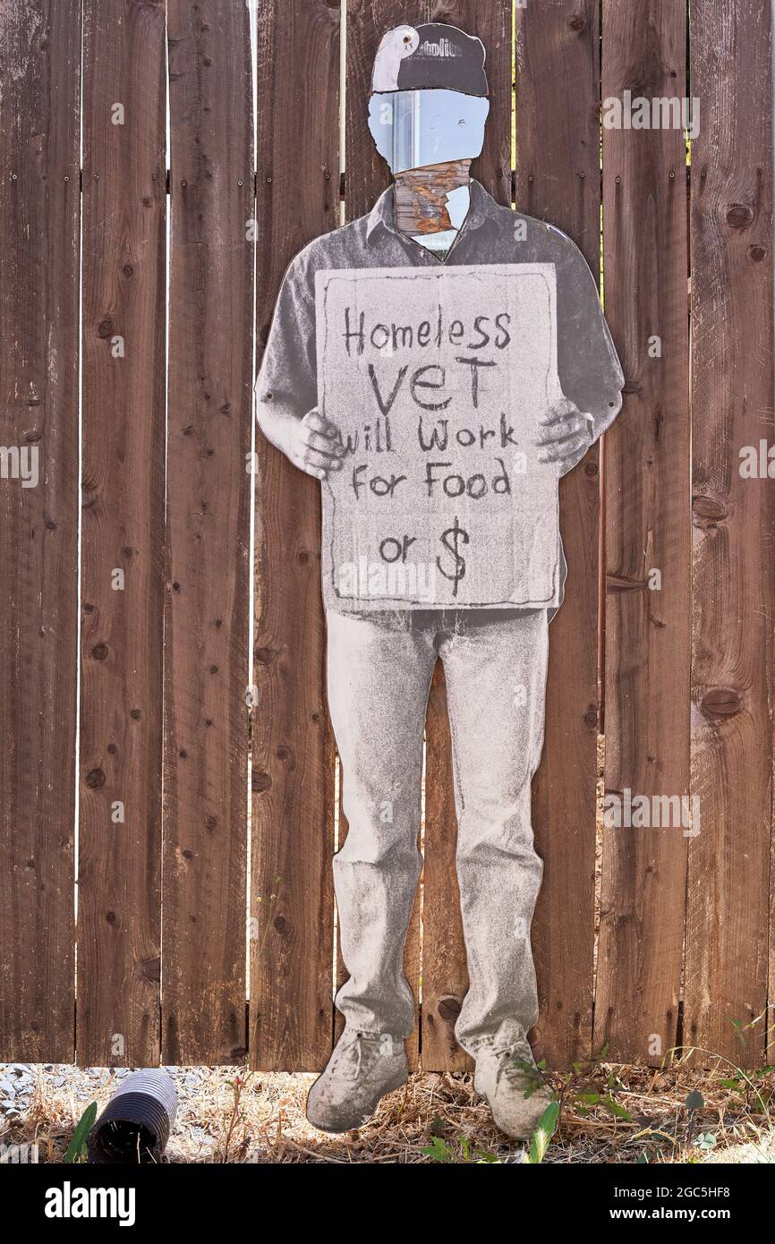 Homeless VET cardboard cutout on wooden fence Stock Photo - Alamy