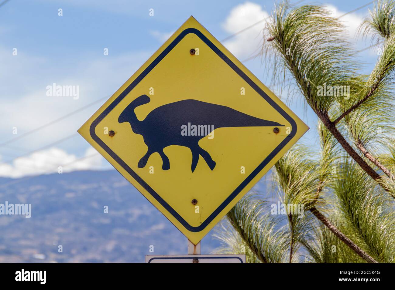 Dinosaur warning sign near Villa de Leyva in Colombia. This area is ...