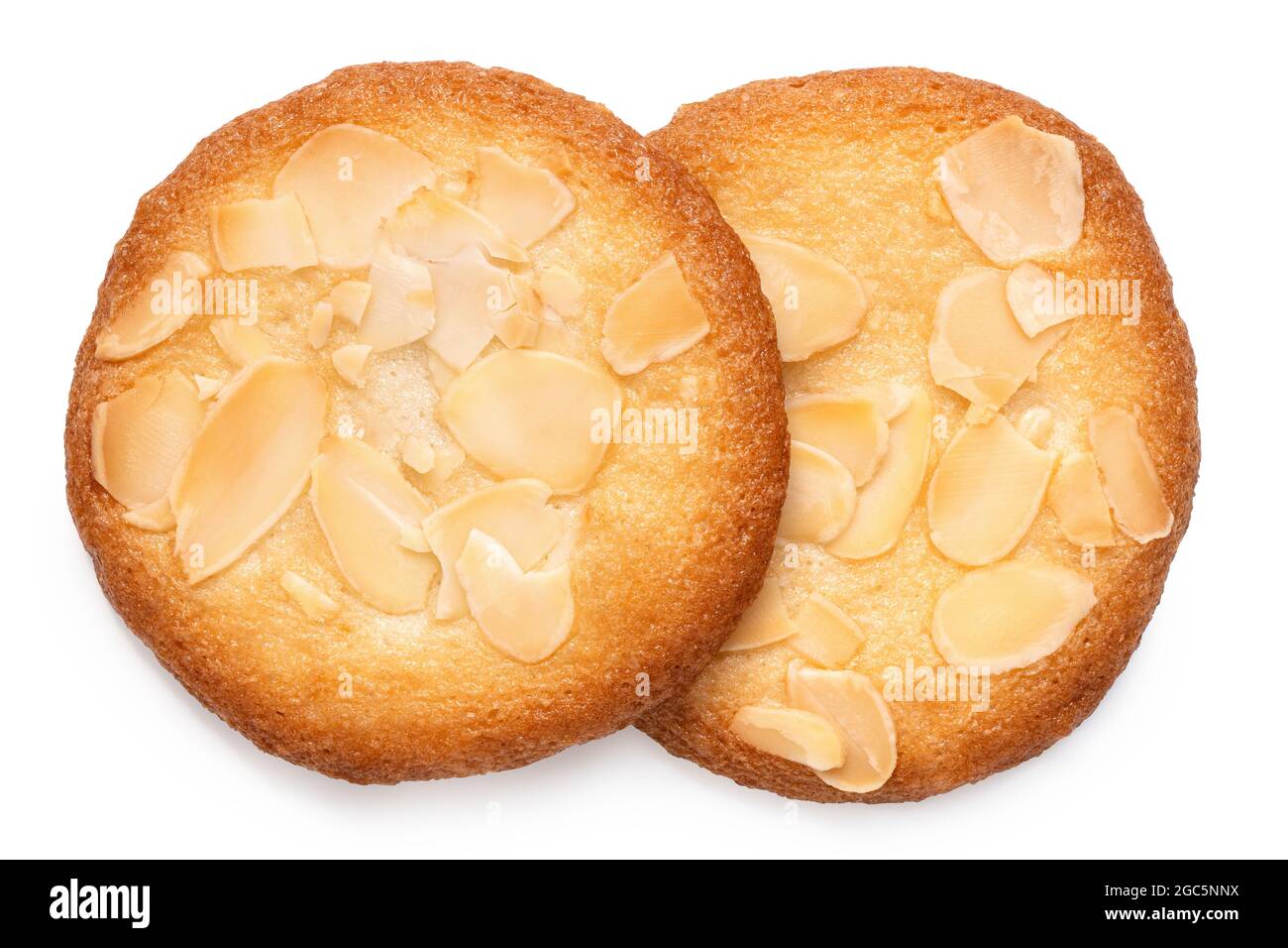 Two almond flake biscuits isolated on white. Top view Stock Photo - Alamy