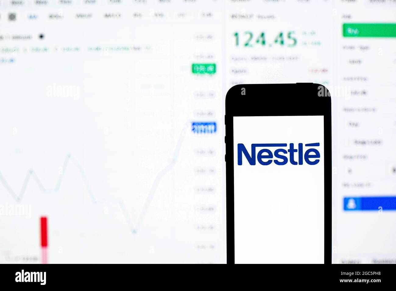 Spain. 06th Aug, 2021. In this photo illustration a Nestle S.A. logo ...