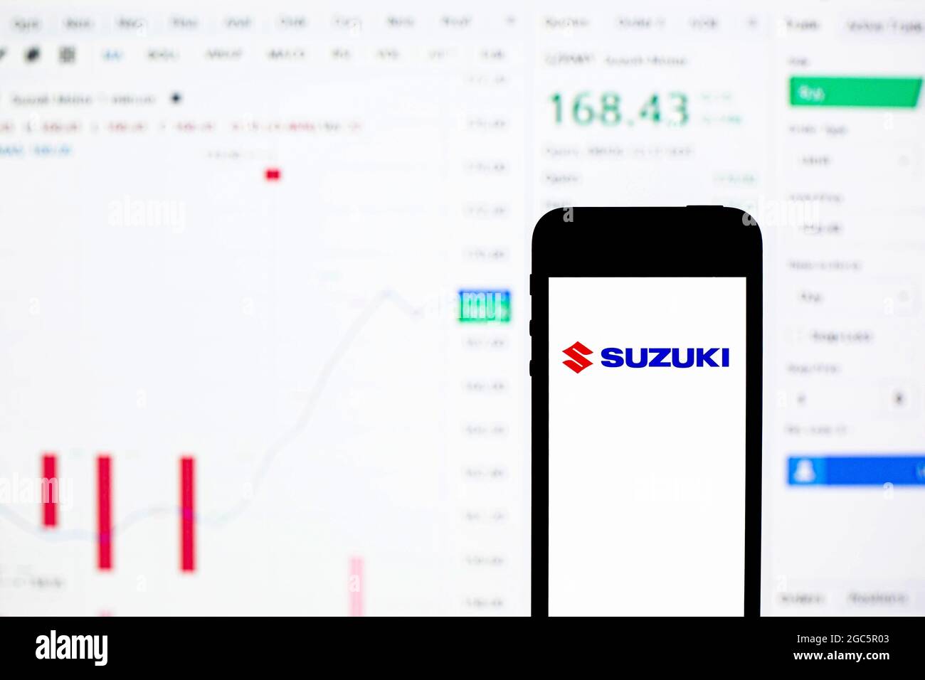 In this photo illustration a Suzuki logo seen displayed on a smartphone with its stock market ...