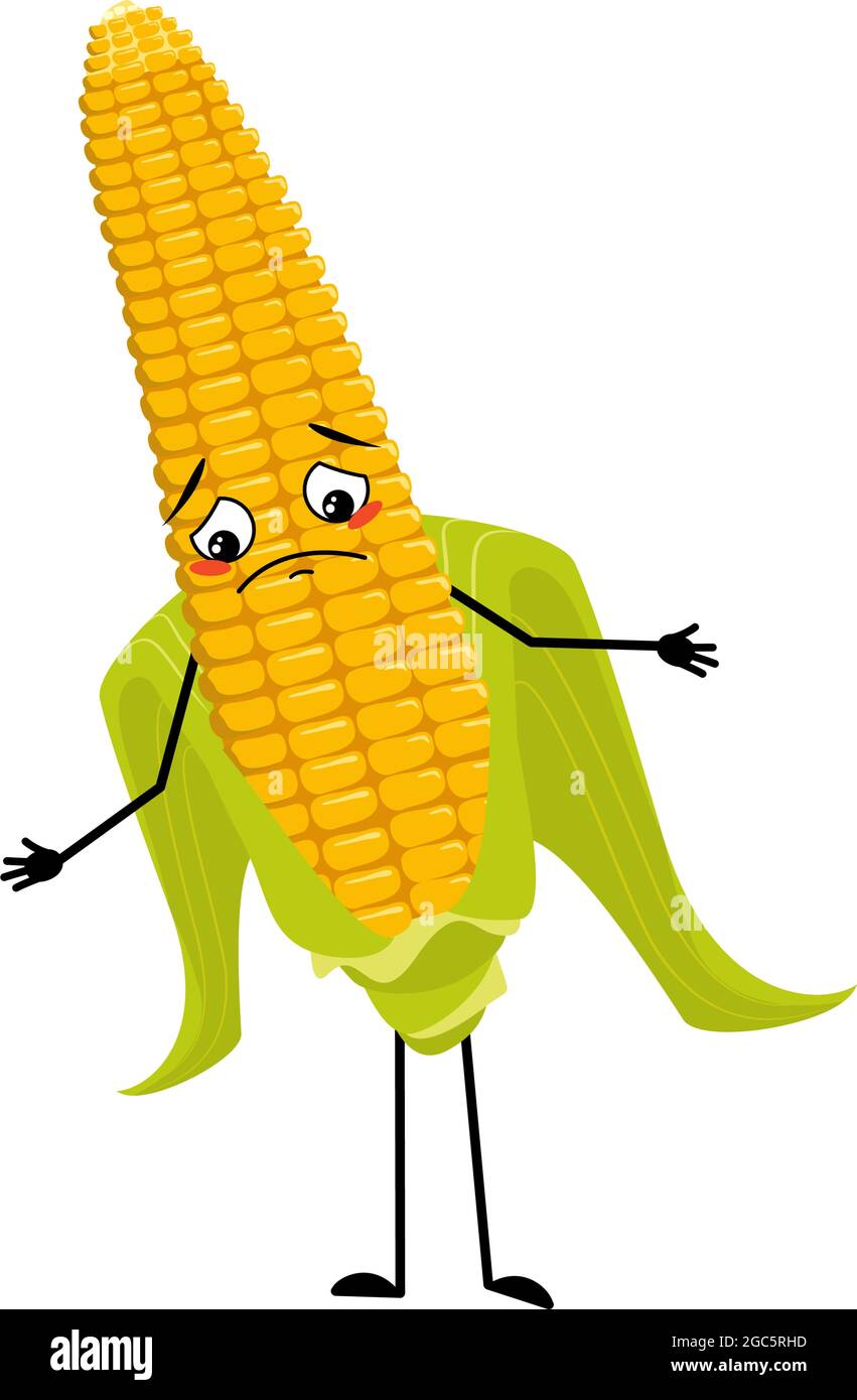Cute corn cob character with sad emotions, depressed face Stock Vector ...