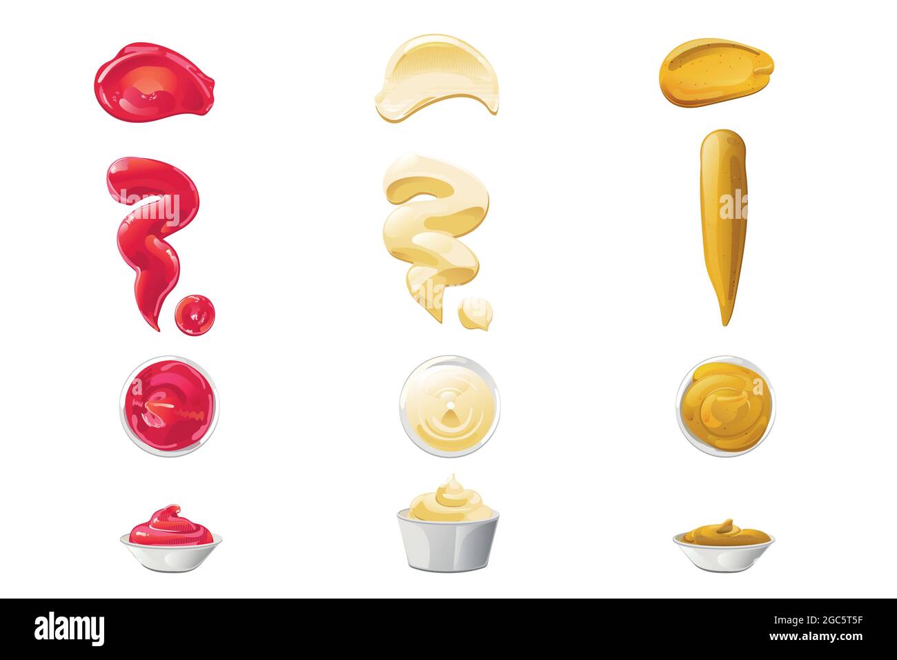 Ketchup, mayonnaise, mustard sauces splashes set. Realistic vector ...