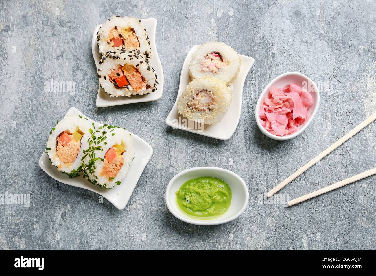 Sushi set on grey stone background. Healthy food Stock Photo - Alamy