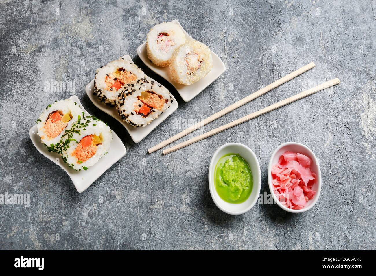 Sushi set on grey stone background. Healthy food Stock Photo - Alamy