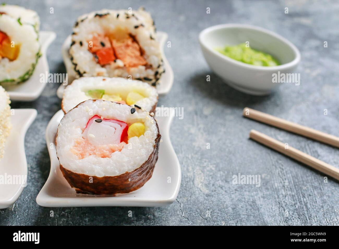 Sushi set on grey stone background. Healthy food Stock Photo - Alamy