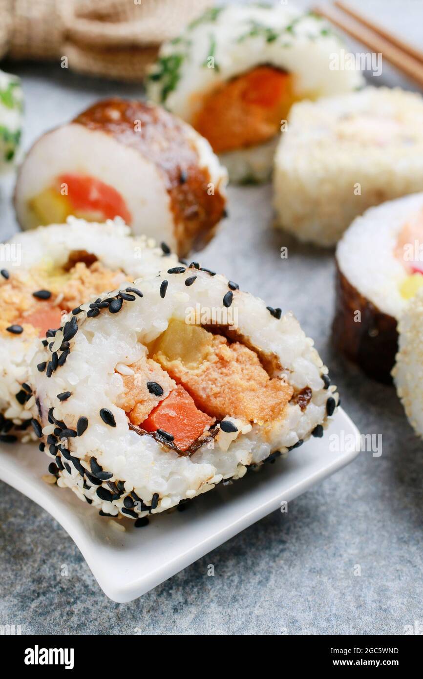 Sushi set on grey stone background. Healthy food Stock Photo - Alamy