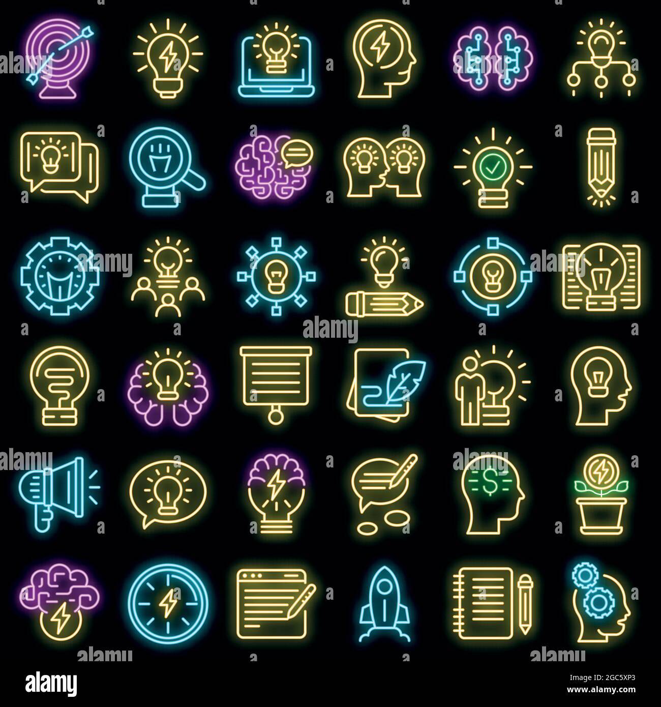 Idea icons set. Outline set of idea vector icons neon color on black ...