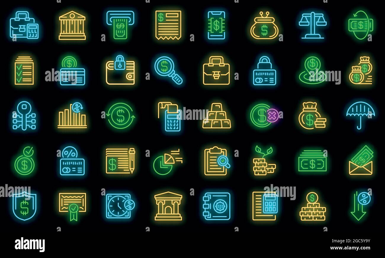 Bank icons set. Outline set of bank vector icons neon color on black ...