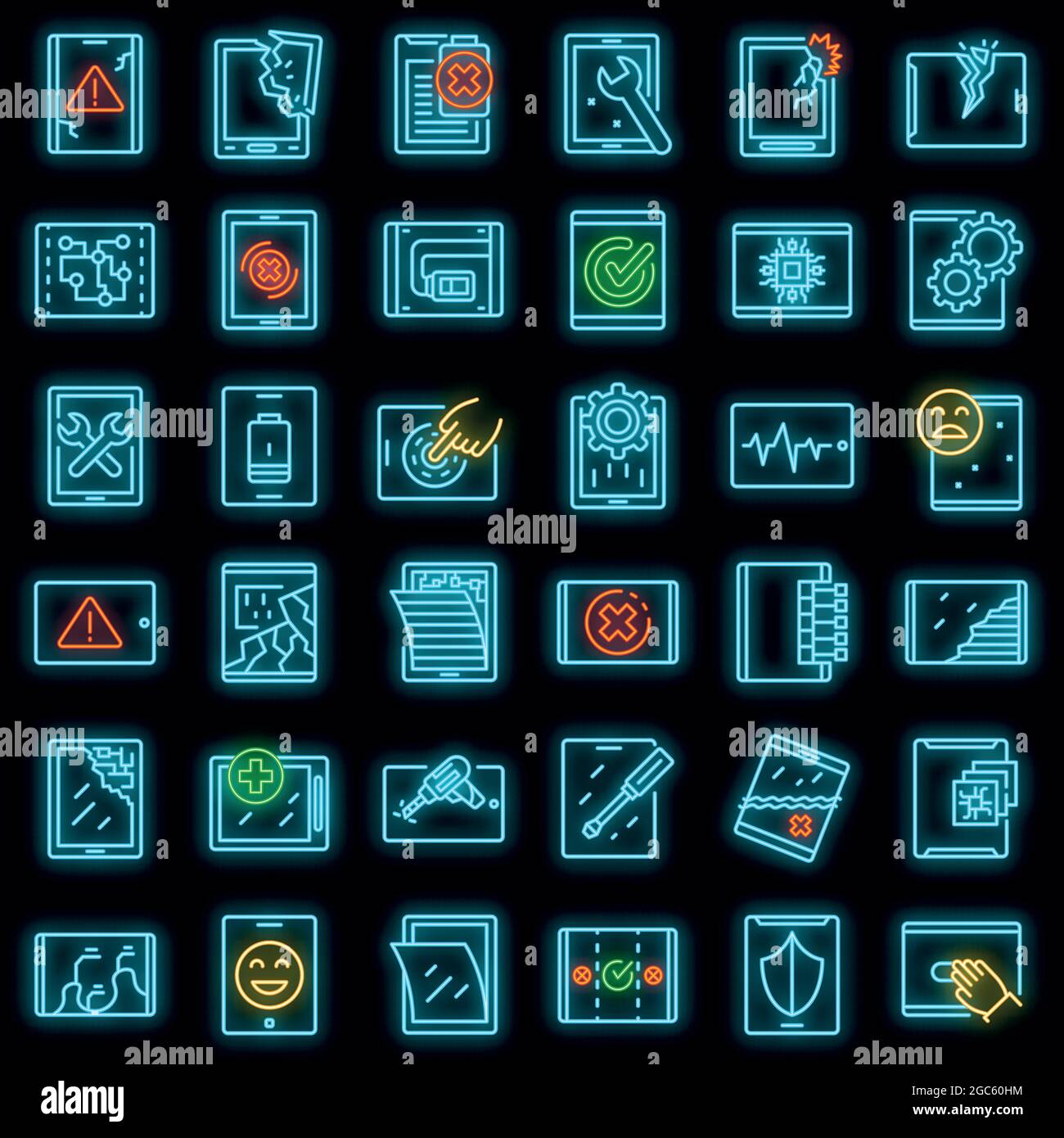 Tablet repair icons set. Outline set of tablet repair vector icons neon ...