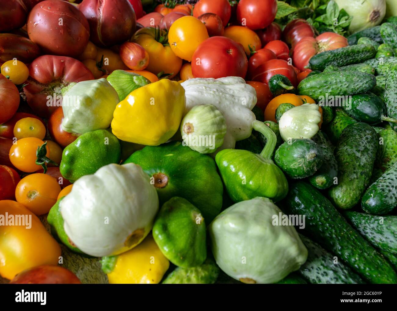 color photo with autumn vegetables on the table, different colors ...