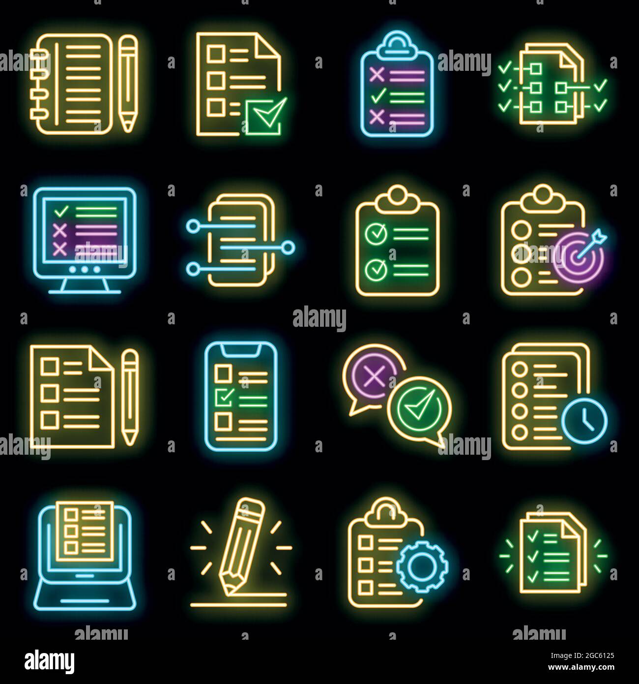 Assignment icons set. Outline set of assignment vector icons neon color ...