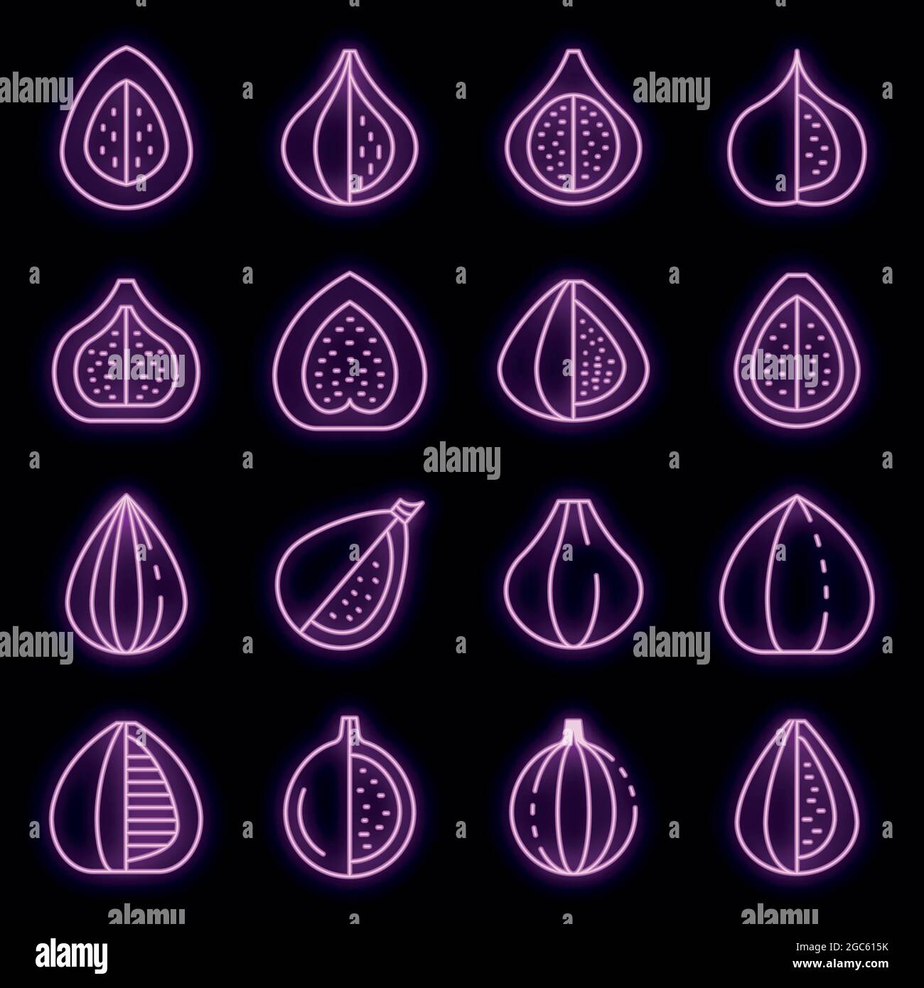 Figs icons set. Outline set of figs vector icons neon color on black ...