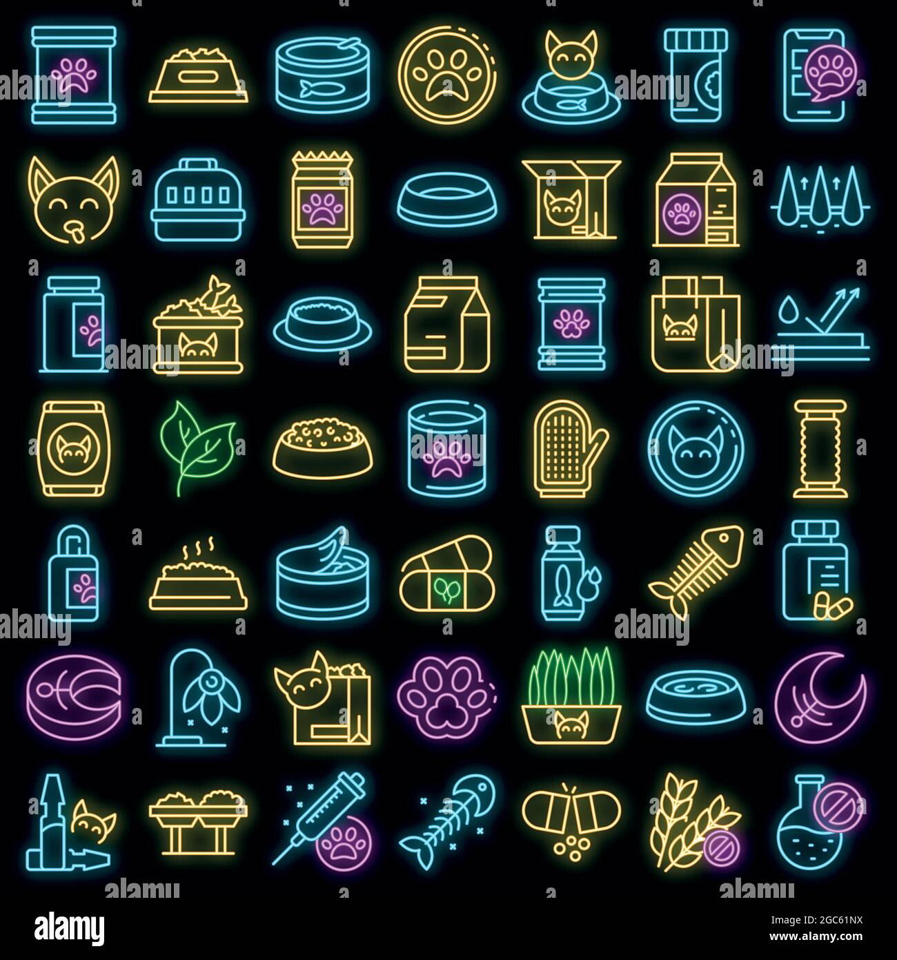 Cat food icons set. Outline set of cat food vector icons neon color on ...